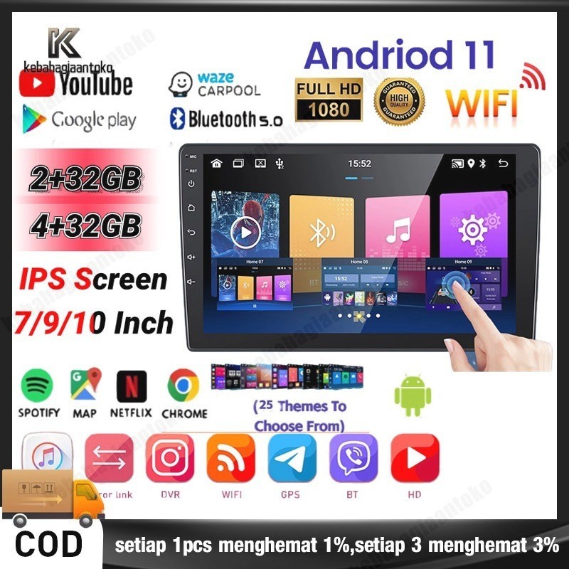 LAYAR 4gb+32gb Universal Head Unit Android 7/9/10 Inch 12 Car Stereo Radio 4+32GB ROM Bluetooth ...