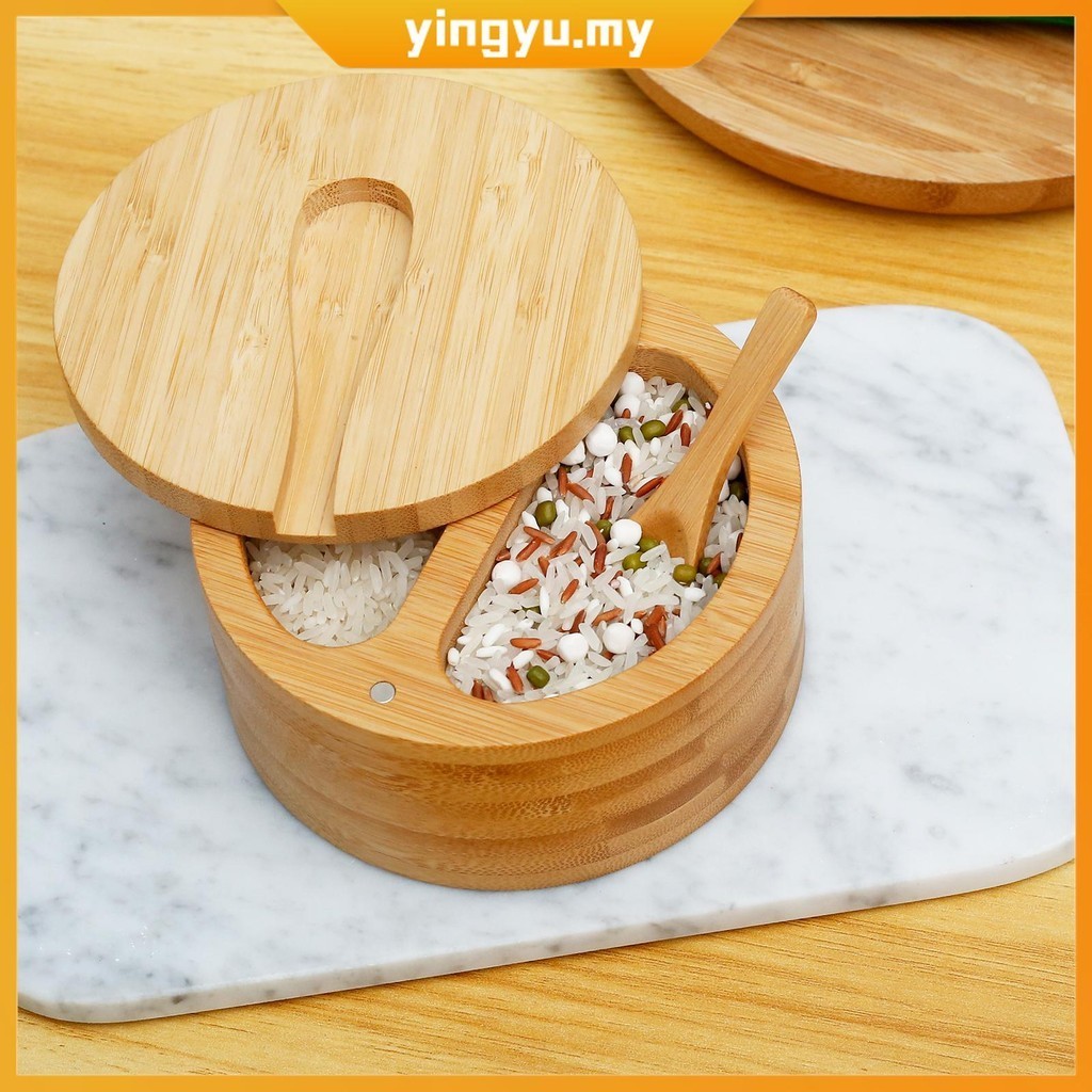 Salt and Pepper Bowls Bamboo Pepper Salt Box with Swivel Lid and Spoon ...