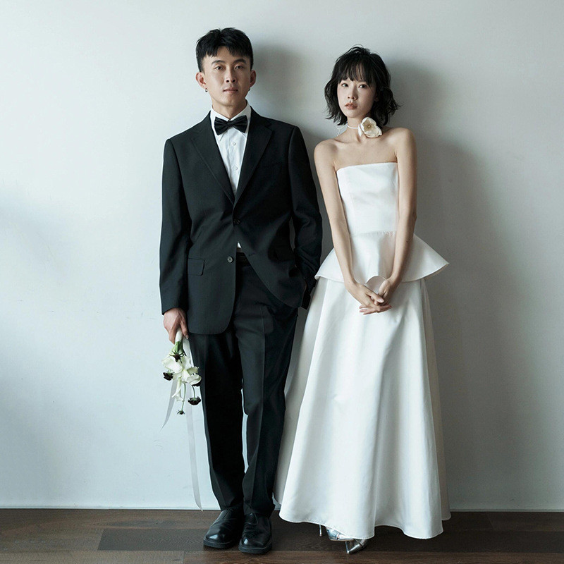 French Strapless Light Bridal Simple Satin Certified White Dress Engagement White Dress Skirt ...