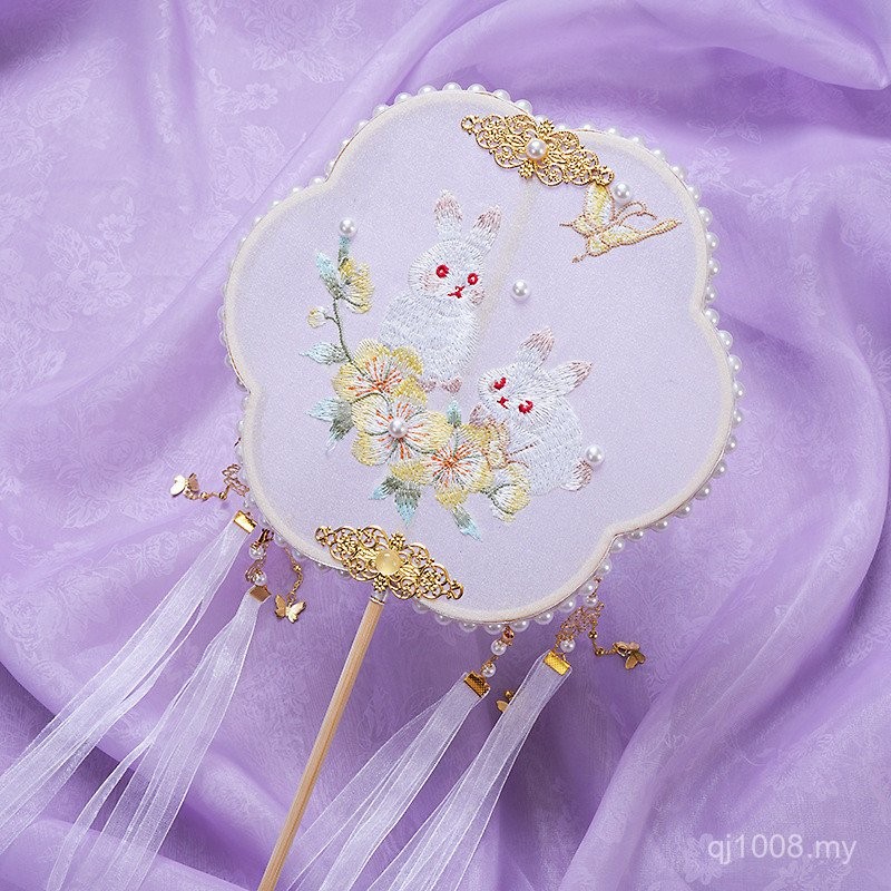Ancient Fan Long Handle Fan Palm Fan Catwalk Embroidered Flower Women's ...