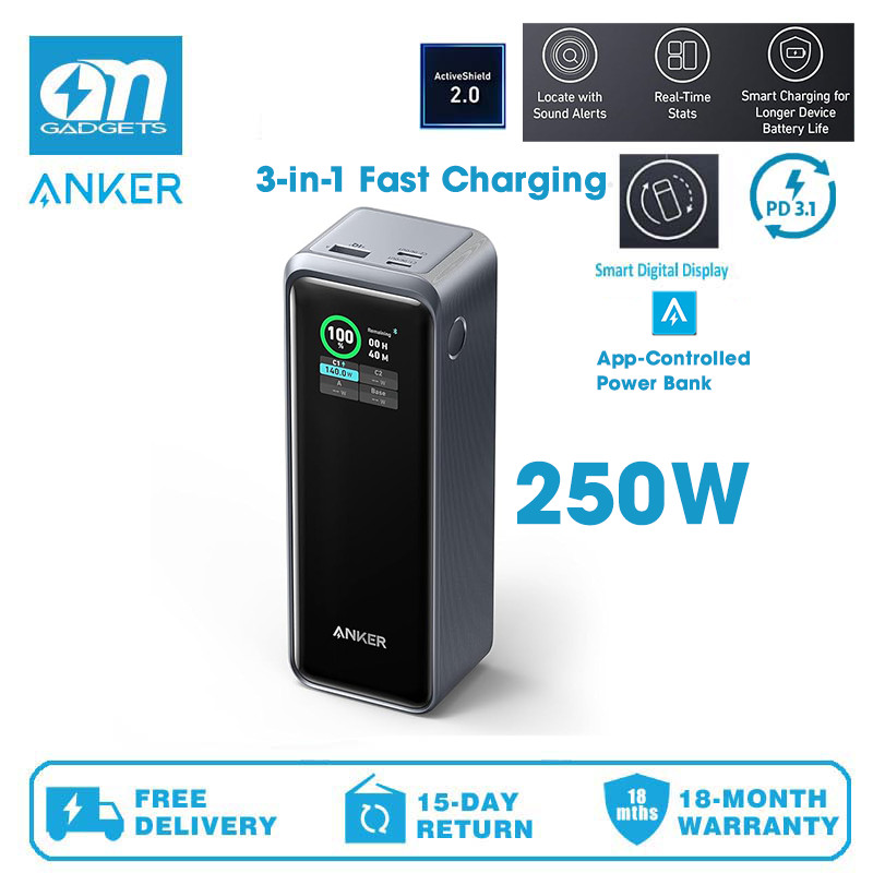 Anker A1340 Prime Power Bank, 27,650mAh 3-Port 250W Portable Charger (99.54Wh) Smart App ...