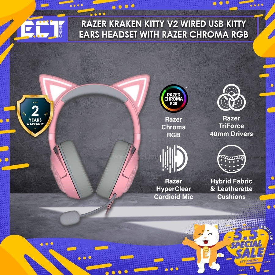 Razer Kraken Kitty V2 Wired USB Kitty Ears Headset with Razer Chroma ...