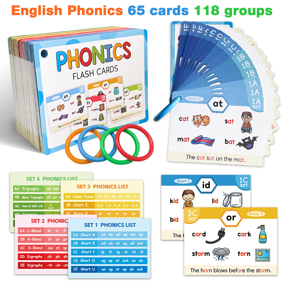 65Pcs Phonics English Flashcards for Kids Children Kindergarten CVC ...