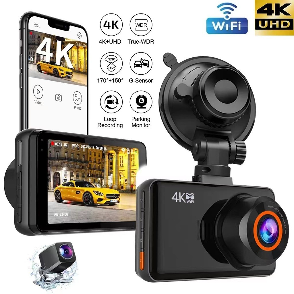 4K WiFi Dash Cam for Cars Front and Rear Dual Lens Auto Dashcam Time ...