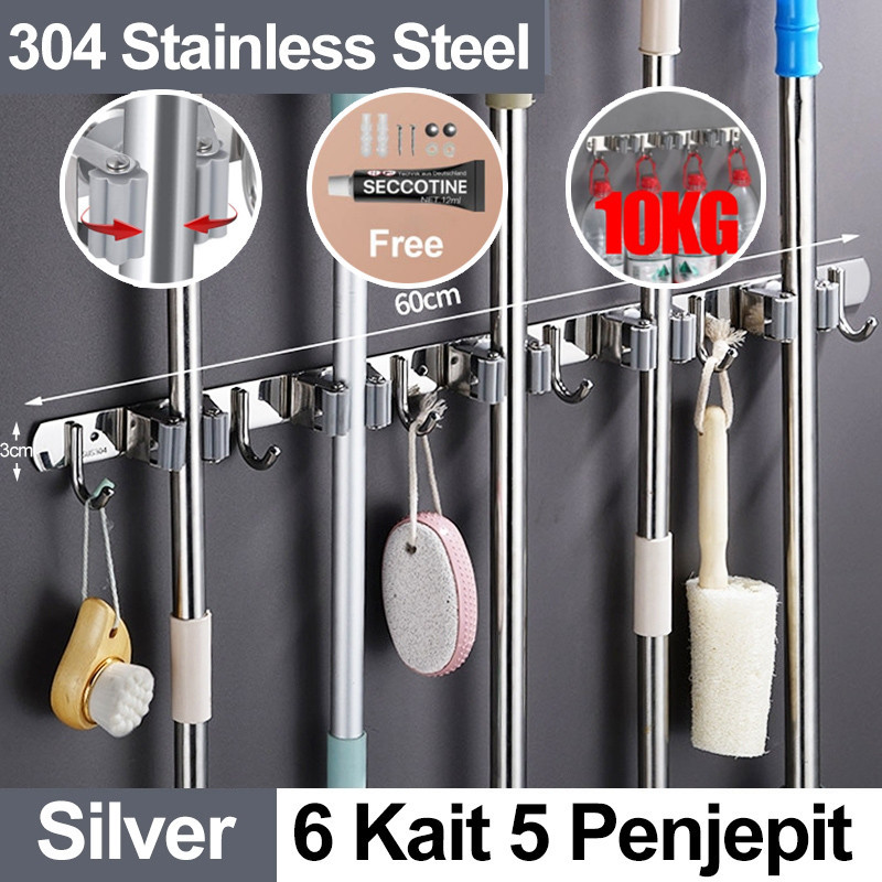 304 High Quality Stainless Steel Mop Broom Holder Mop Holder 6 Hooks 5 ...