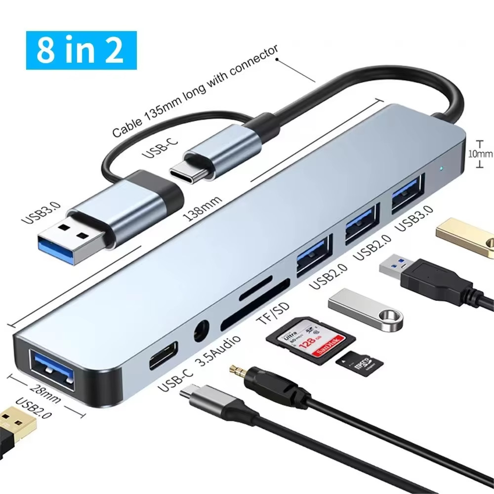 8 In 2 USB HUB With Splitter Card Reader, USB C Port, USB 3.0 / 2.0, SD ...