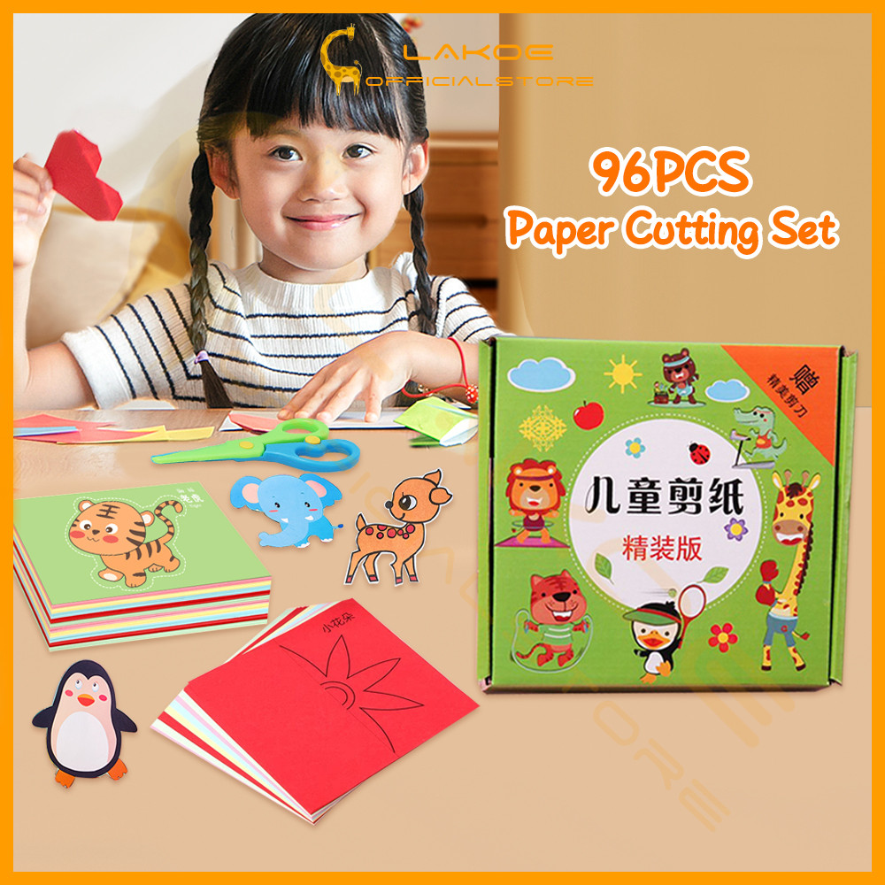 LAKOE 96Pcs Colour Paper Cutting Set Kids Coloring Drawing Origami Fold ...