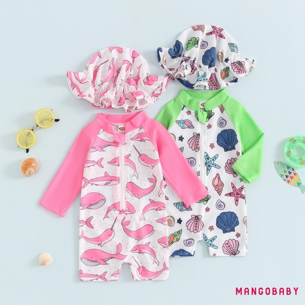 MANGO-Baby Girls Swimsuit Dolphin Shell Print Long Sleeve Rash Guard ...