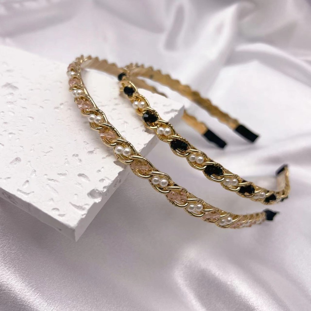 New Retro Chain Rhinestone Pearl Headband Light Luxury Temperament Hair