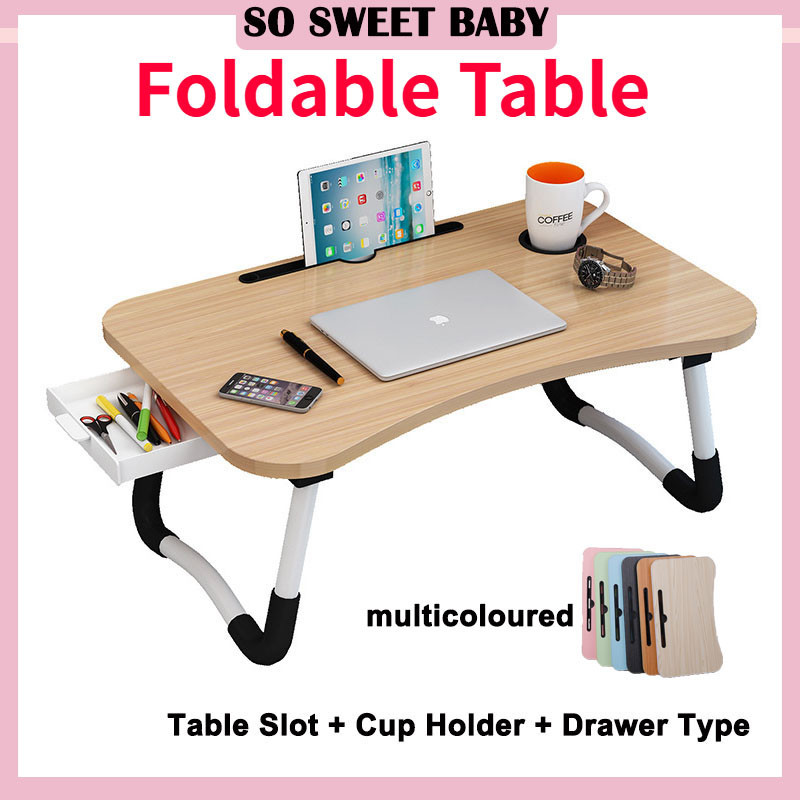 Upgrade Foldable Table with 2 Slots Drawer Anti-slip Bed Mini Table ...