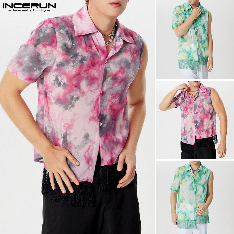 INCERUN Men Vintage Tie-Dye Irregular Hem Patchwork Tassel Sleeveless ...