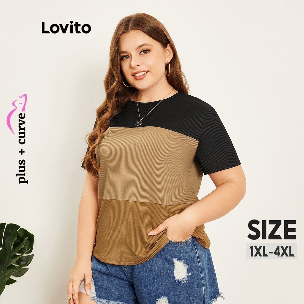 Lovito Plus Size Curve Casual Plain Colorblock Patchwork T-Shirt for ...