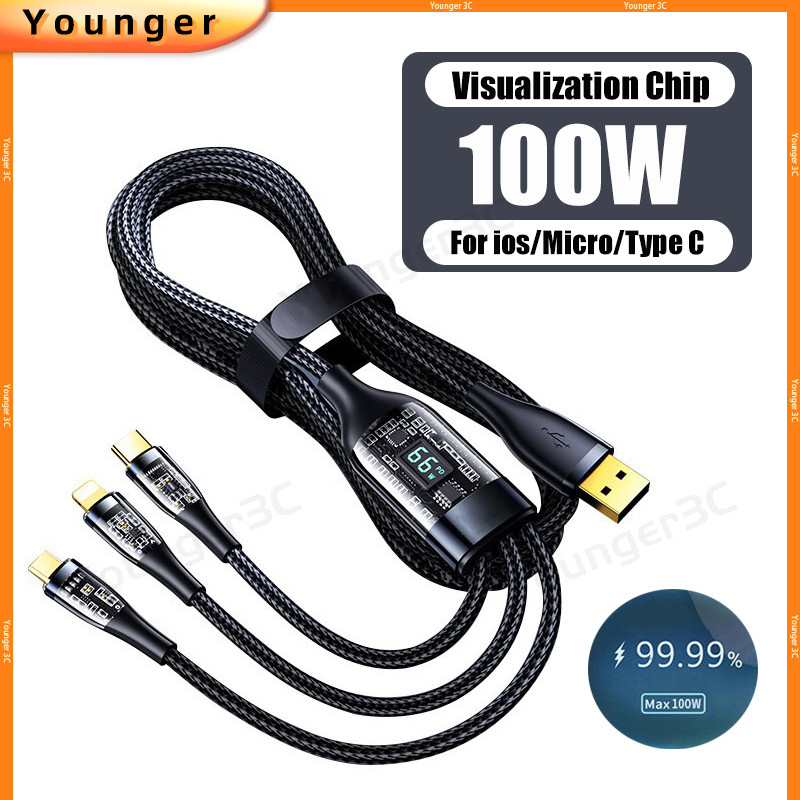 3-in-1 Transparent Smart Digital Display Cable 100W Zinc Alloy Ultra ...