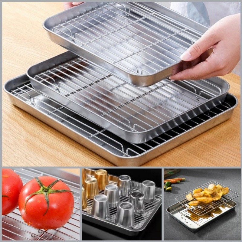 Stainless Steel Rectangle Food Tray Baking Rack Oil Drain Tray Serving ...