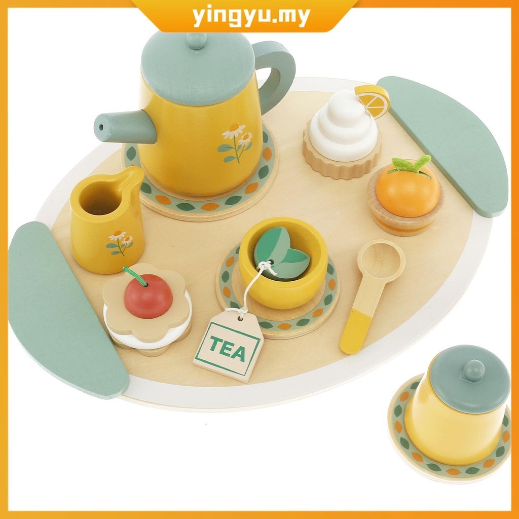 13 Pcs Wooden Tea Set for Little Girls Afternoon Tea Party Playset with ...