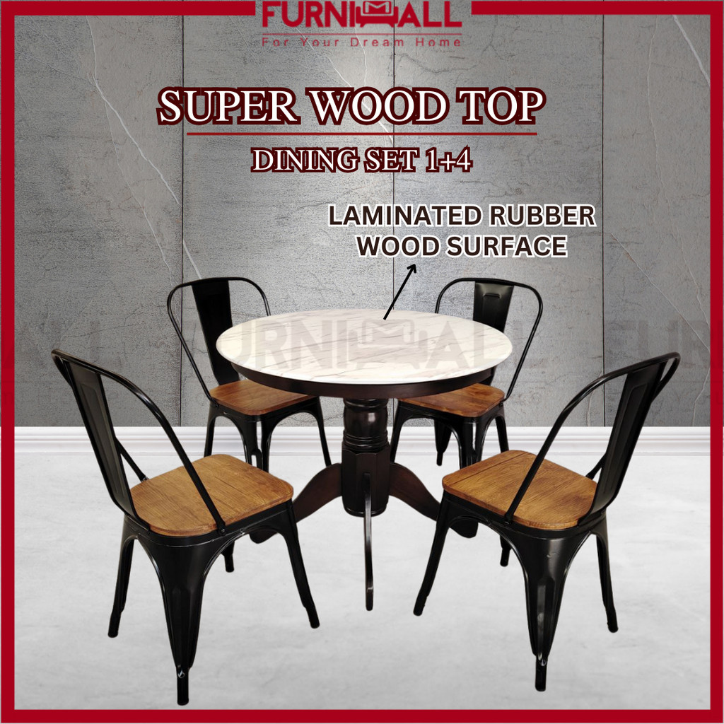 Furnimall Rubber Wood Dining Table Set Metal Chair Metal Stool / Round ...
