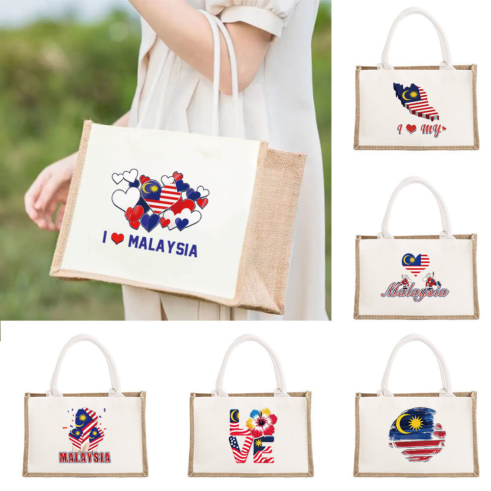 Merdeka promo 🇲🇾 Cat Print Burlap Tote merdeka Bridal Gift Sundries ...