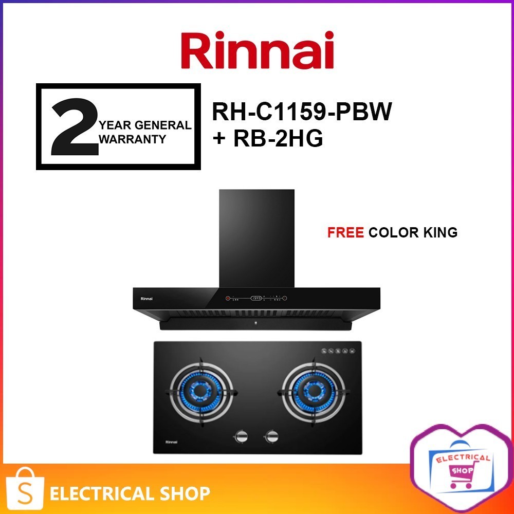 (COMBO) Rinnai 90cm Chimney Hood RH-C1159-PBW + RB-2HG 75cm Built-in Gas Hob (FREE COLOR KING ...