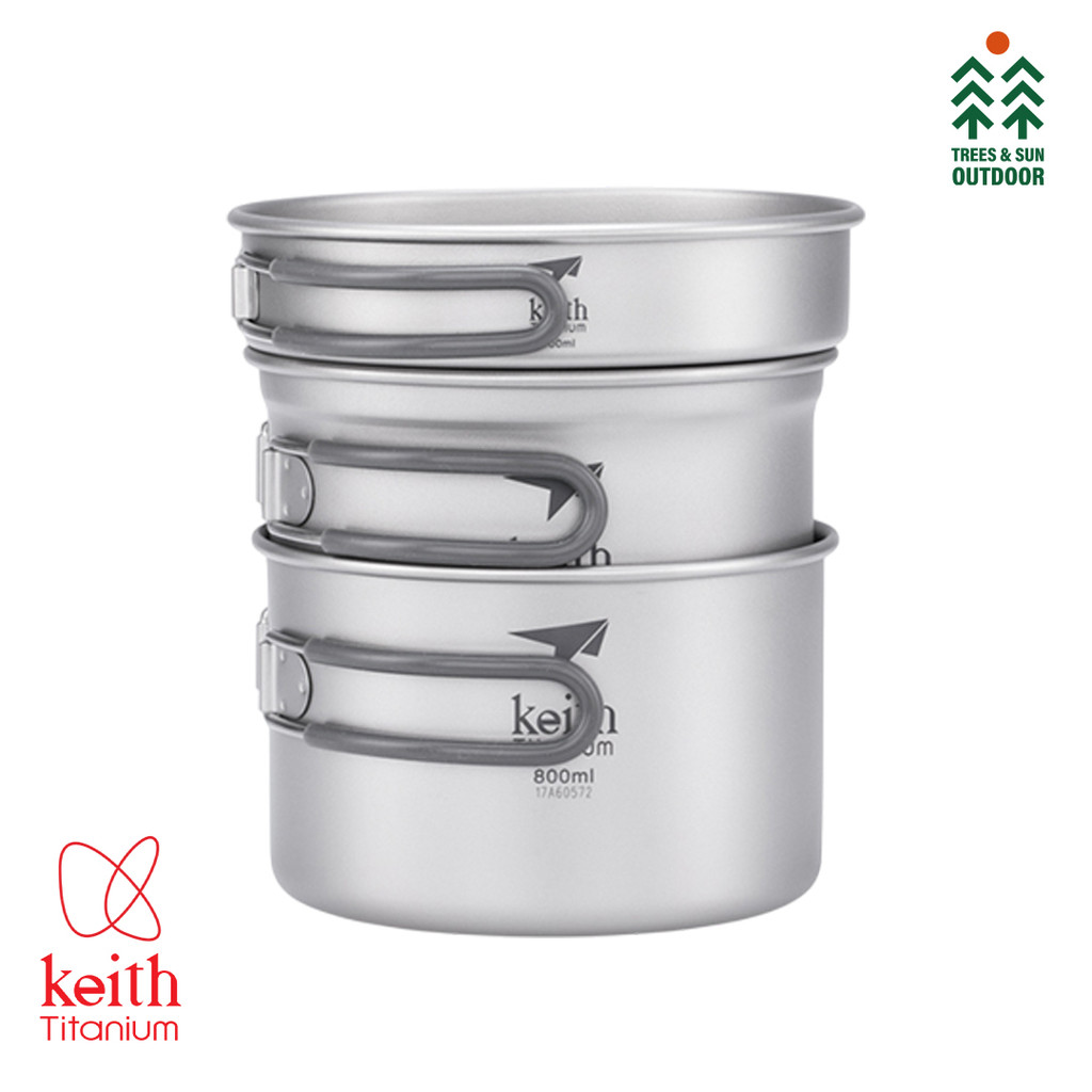 Keith 3 Piece Titanium Pot and Pan Cook Set Ti6014 Camping Pot Picnic ...