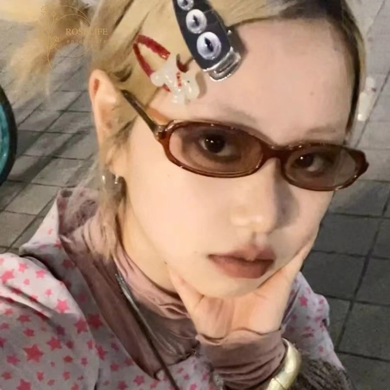Roselife Y2K Cool Retro Brown Narrow Frame Rectangle Frame Sunglasses ...