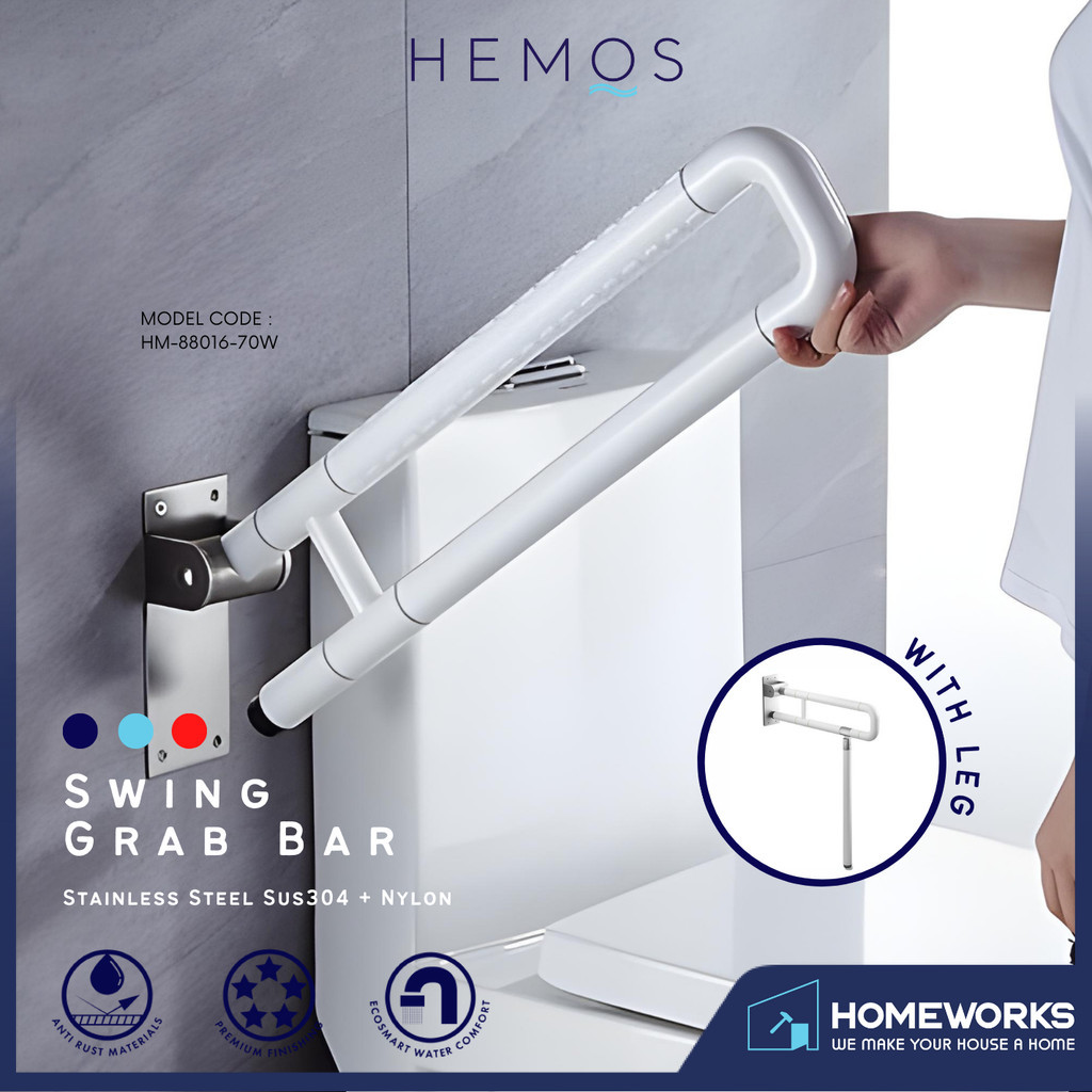 HEMOS BATHROOM STAINLESS STEEL WHITE NYLON SAFETY HANDRAIL SWING GRAB ...