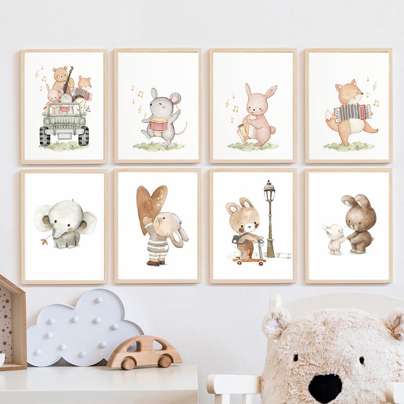 Cartoon Animals Rabbit Elephant Fox Duck Poster Kids Room Wall Art ...