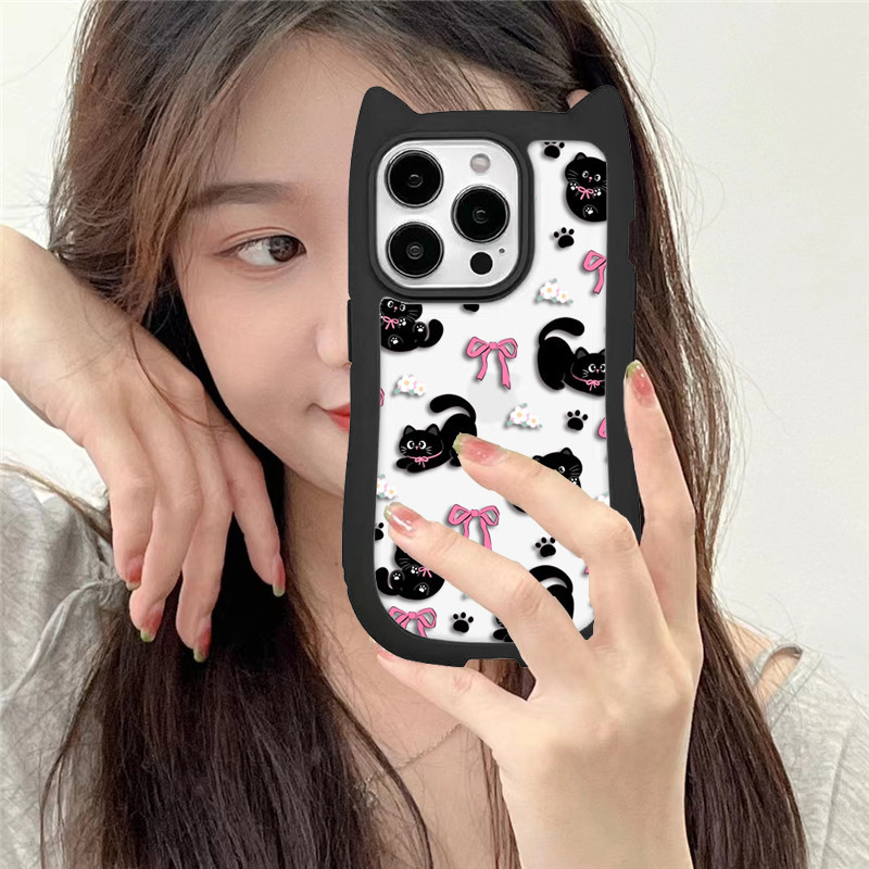 Cute Bow Black Cat Ears Clear Case for iPhone 16 15 14 13 12 11 Pro Max X XS XR XSMAX 7 8 + Plus ...