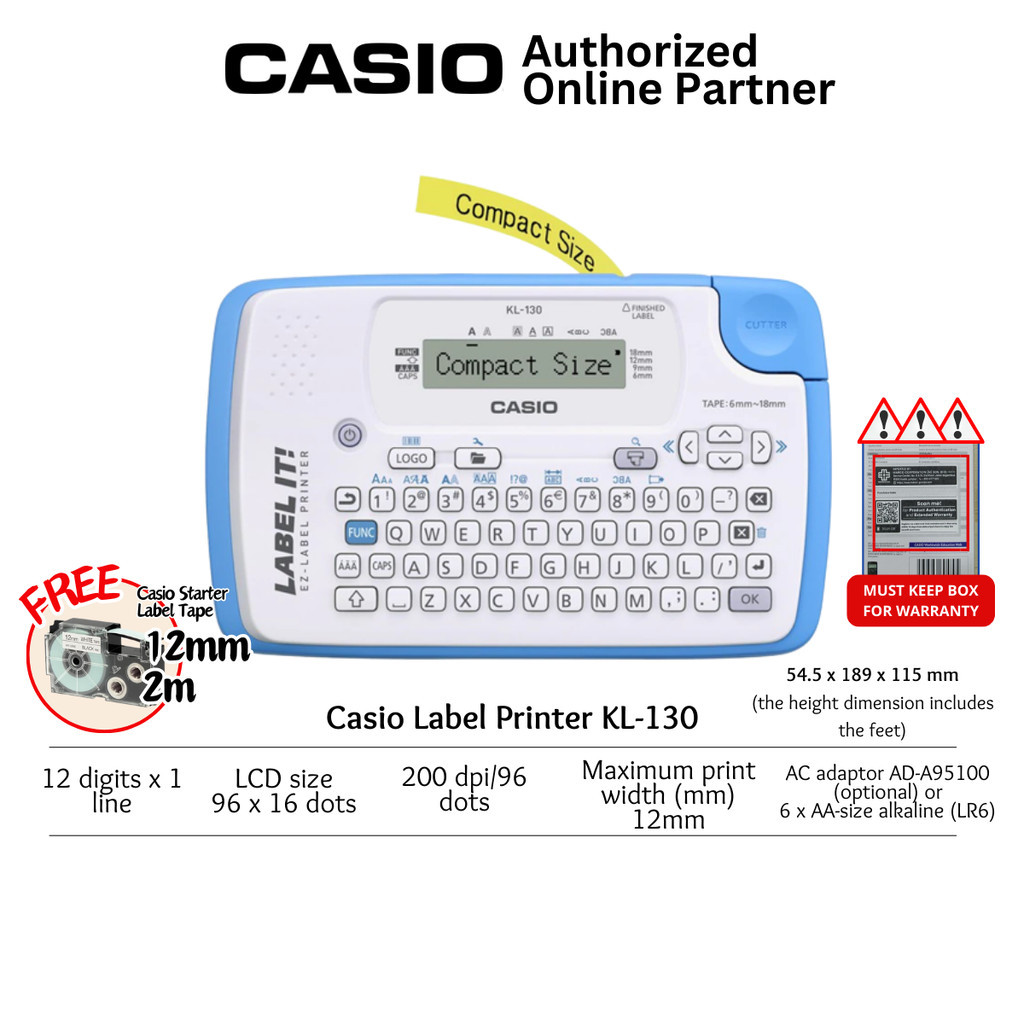 Casio KL-130 Label Printer (Original) 1 Year Warranty (With Starter 12mm Label Tape) | Shopee ...