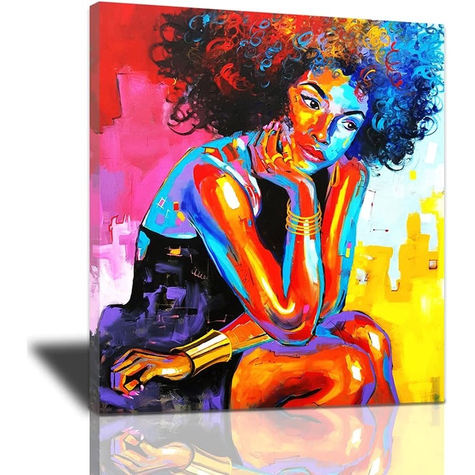 African American Canvas Wall Art Abstract Black Women Queen Portrait Painting Afro Girl Gold ...