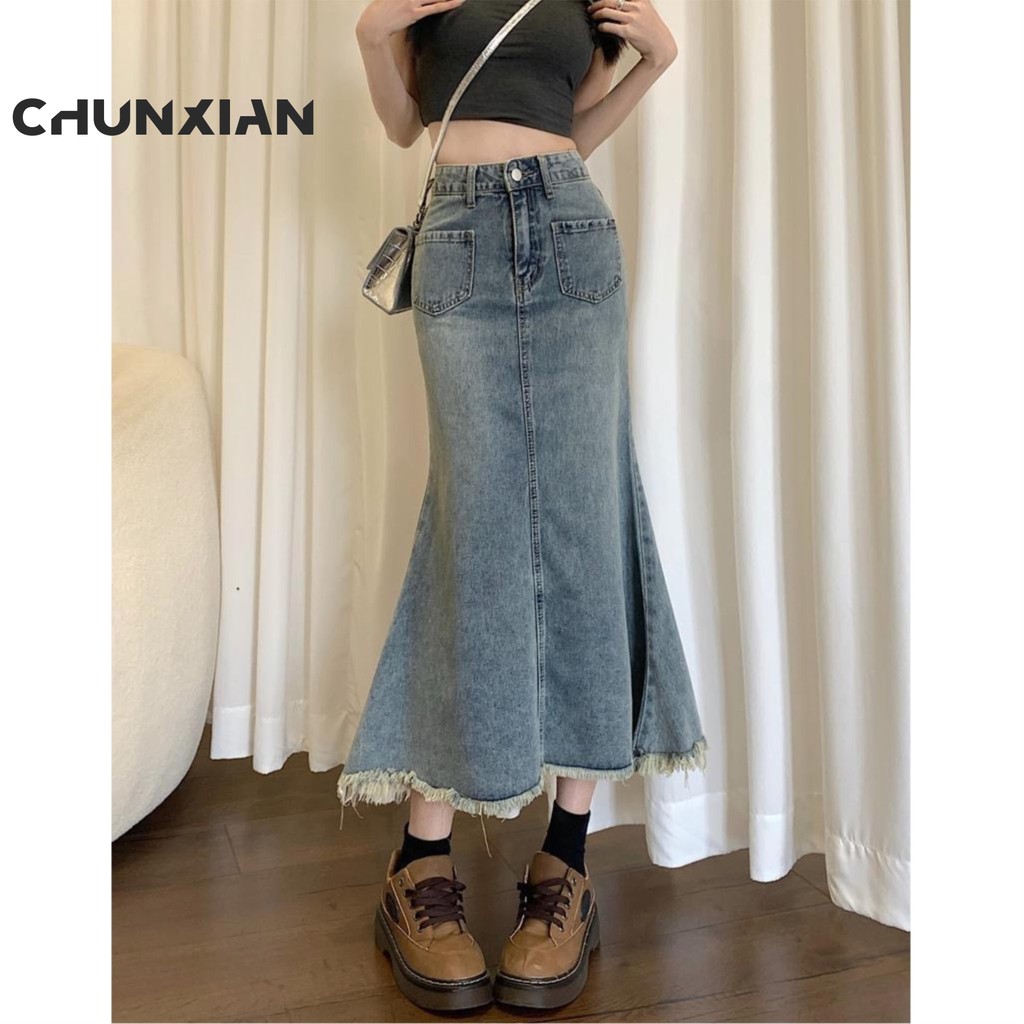 Retro Mermaid Skirt Long Denim Skirt fishtail washed Korean Style High ...