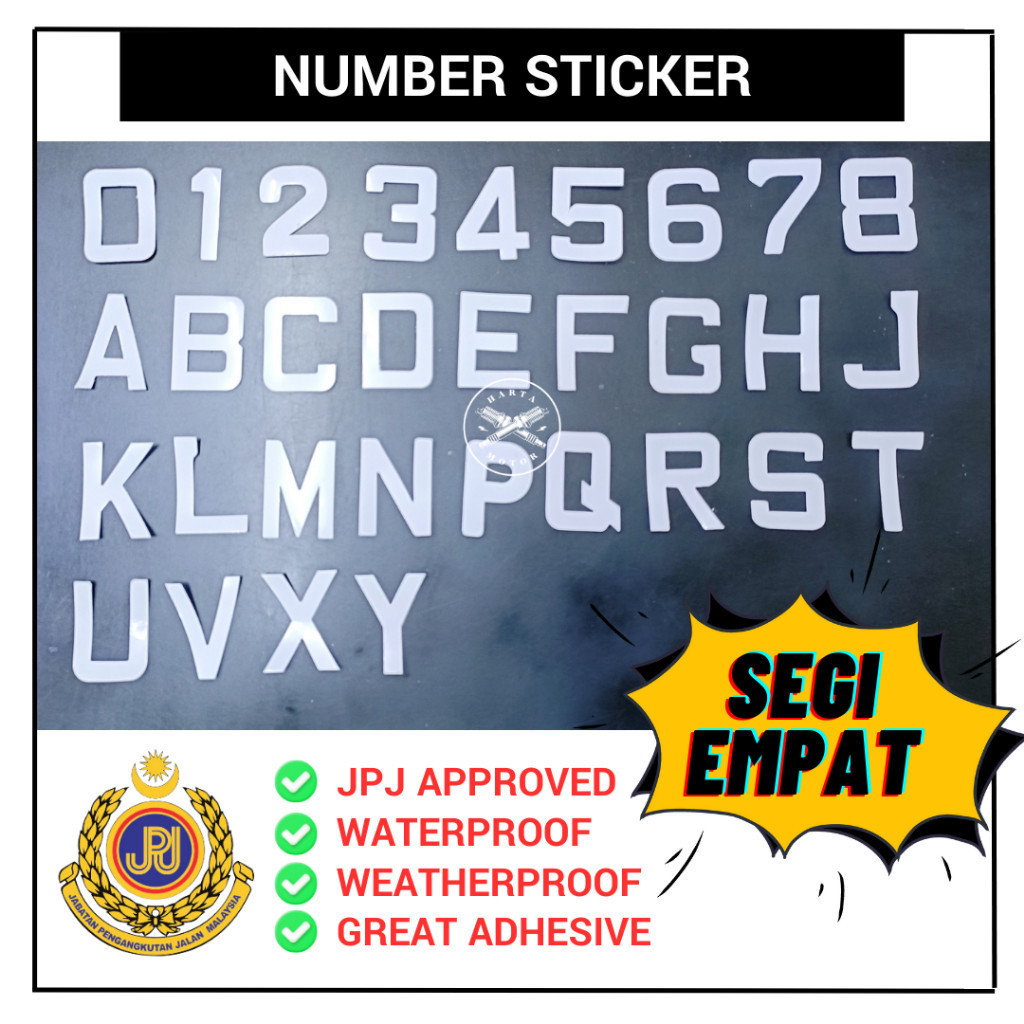 JPJ APPROVED SEGI EMPAT Number Plate Sticker Motorcycle ABC 123 White ...