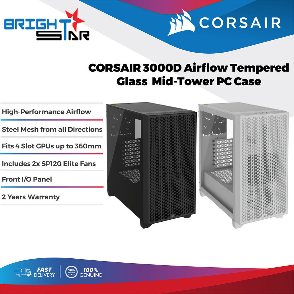 CORSAIR 3000D Airflow Tempered Glass Mid-Tower PC Case - Black/White ...