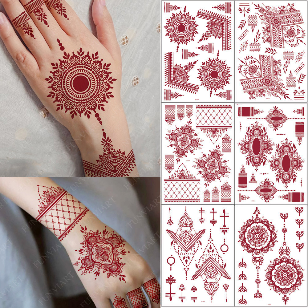 Red Henna Hand Tattoo Stickers for Women Bride Waterproof Temporary ...