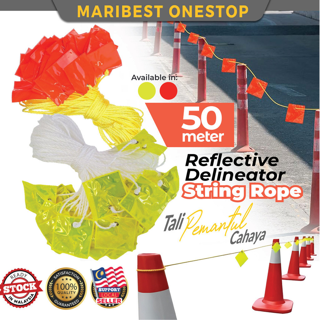 50m Orange/Yellow Safety Reflective Delineator String Rope Barrier ...