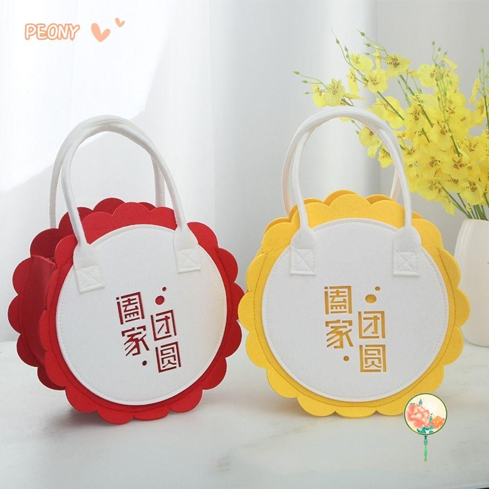 PEONY-HOME Felt Tote Bag, Round Mooncake Shape Printed Crossbody Bag ...
