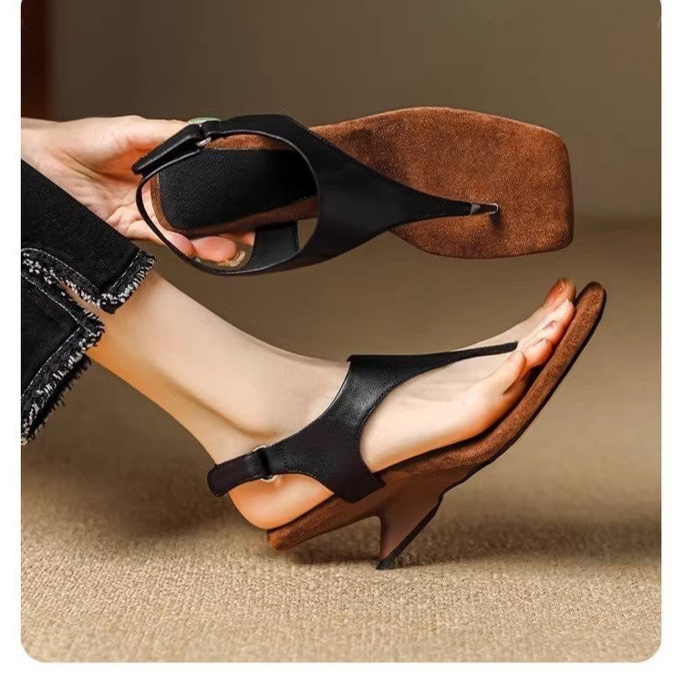 High Heel Women's Shoes Square Toe Shaped Heel Fashion Flip-Toe Sandals ...
