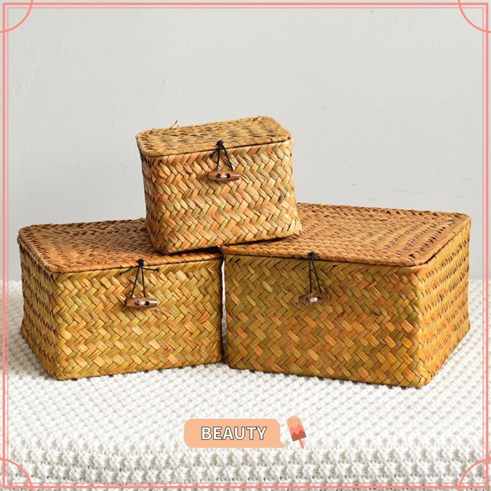 BEAUTYONE Storage Box with Lid, Handwoven Rattan Weaving Wicker Shelf ...