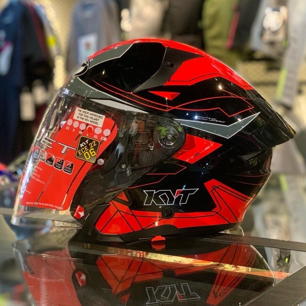 KYT HELMET TTR JET LED BLACK RED OPEN FACE DOUBLE VISOR HELMET ...