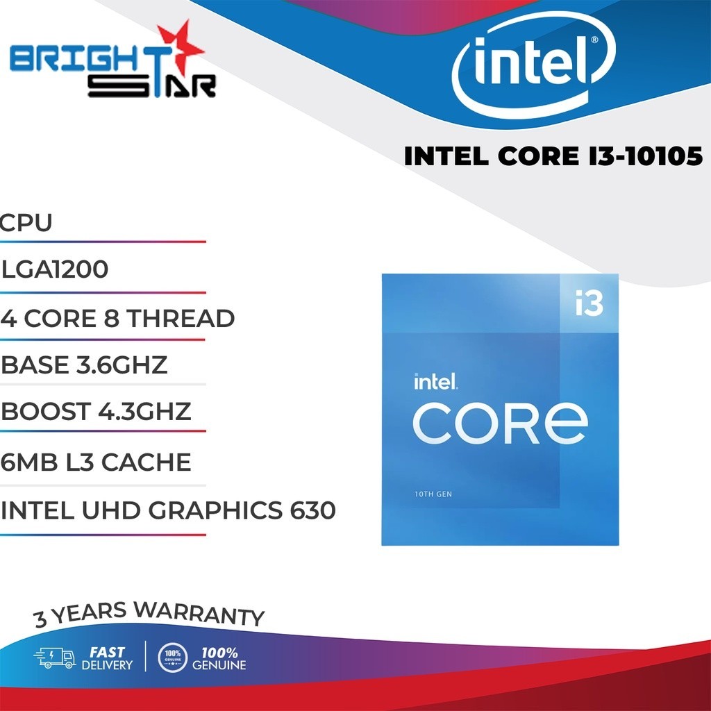 CPU INTEL CORE I3-10105 (LGA1200 / 4 CORE 8 THREAD / BASE 3.6GHZ, BOOST ...