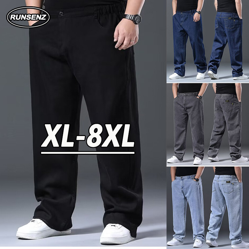 XL-7XL High-end Denim Pants Men Plus Size Baggy Jeans Plain Loose Wide ...