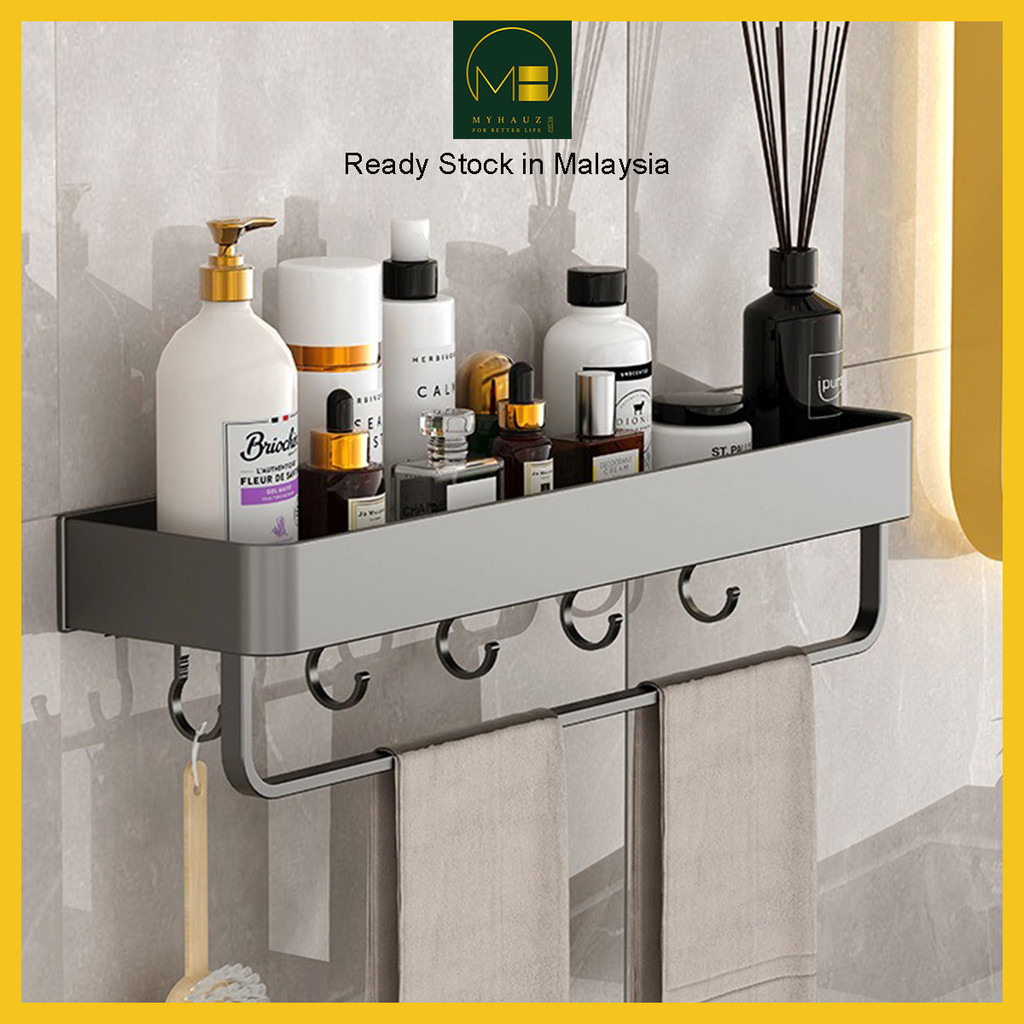 Drill-Free Bathroom Rack with Towel Holder Toilet Shelf Shampoo Wall ...