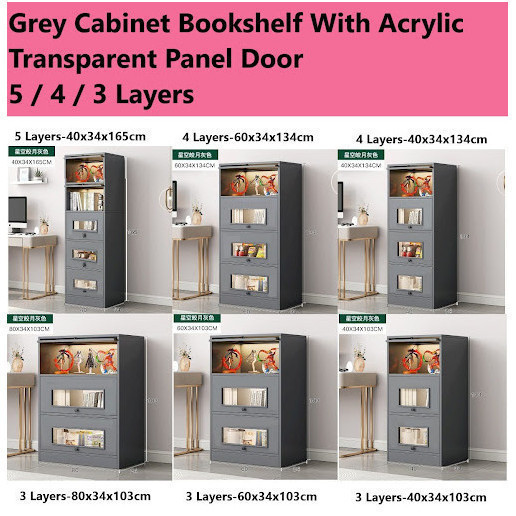 Multi Layer 5 / 4 / 3 Layer Bookshelf Grey Cabinet Transparent Acrylic ...