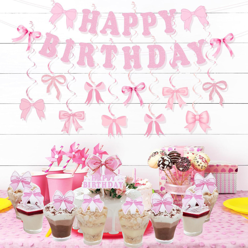 Pink Bow Happy Birthday Banner With Pink Bow Garland Hanging Swirls ...