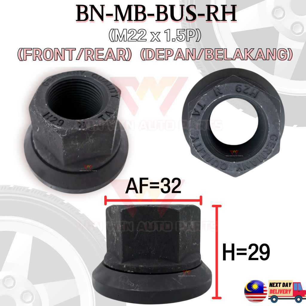 BN-MB-BUS-RH MB Benz Bus Hub Bolt Nut Only / Tayar Nut Only / Nut Sahaja ( 22mm x 1.5P ) (Front ...