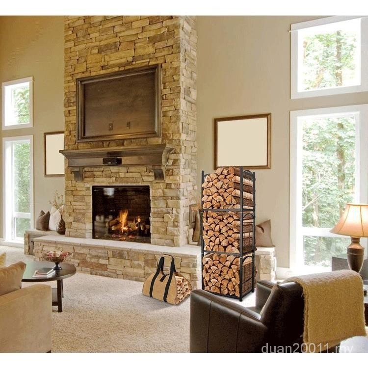 American Heavy-Duty Iron Art 3-Layer Firewood Rack Indoor Outdoor Wood ...