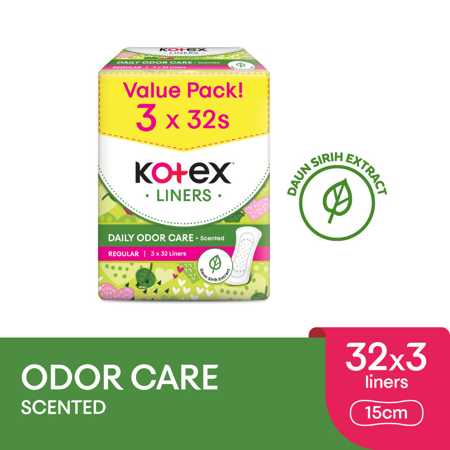 KOTEX Regular Scented Pantyliner 15cm (32s x 3 Packs) - Odor Care with ...