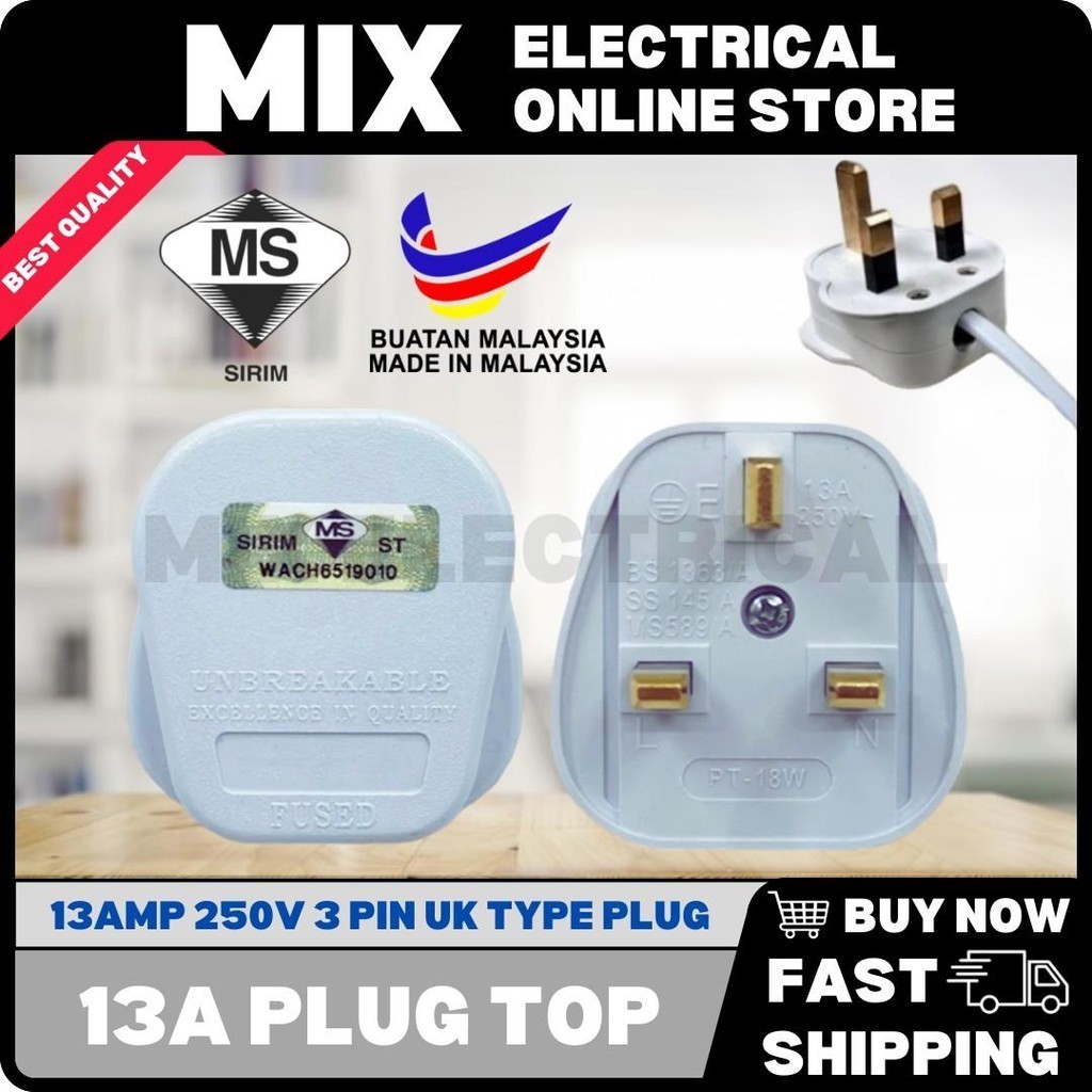 [SIRIM] White 13A 3 Pin Plug Top / 3Pin Approved Plug Top / Kepala Plug ...