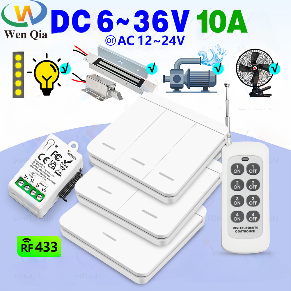 433Mhz Wireless Remote Control Light Switch DC 6V 12V 24V 30V 36V 10A Relay Receiver 500m Range ...