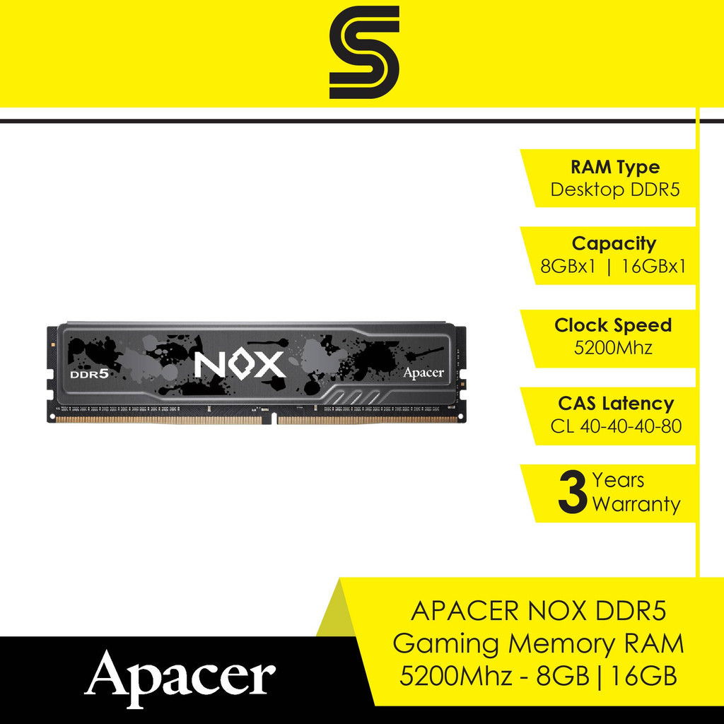 APACER NOX DDR5 Desktop Gaming RAM Single Stick 5200Mhz - 8GB/16GB ...