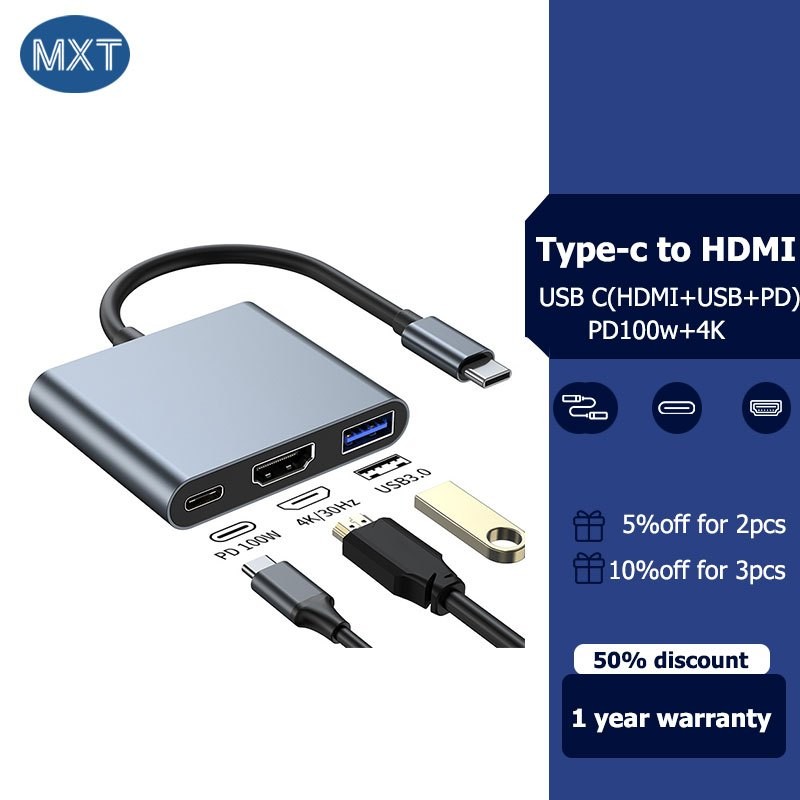 USB C to 4K HDMI USB 3.0 100W PD Charging Adapter for 30HZ HDTV Connect ...